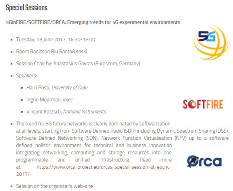 Session on “Emerging trends for 5G experimental environments” at EUCNC – 5GinFIRE